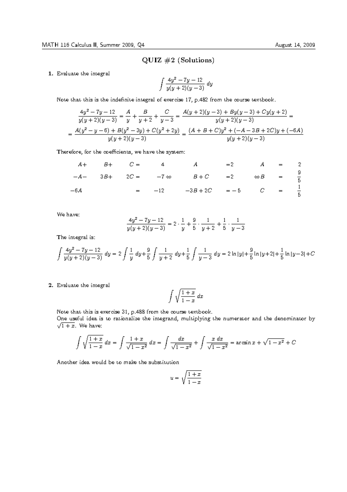 Practice exam August 2009, Questions and answers - Quiz 2 - MATH 116 ...