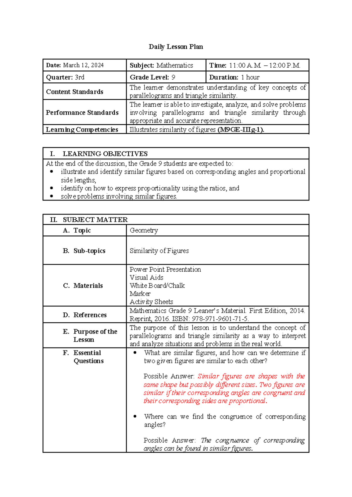 Week 6 - 3rd Quarter - Daily Lesson Plan - Similarity of Figures ...