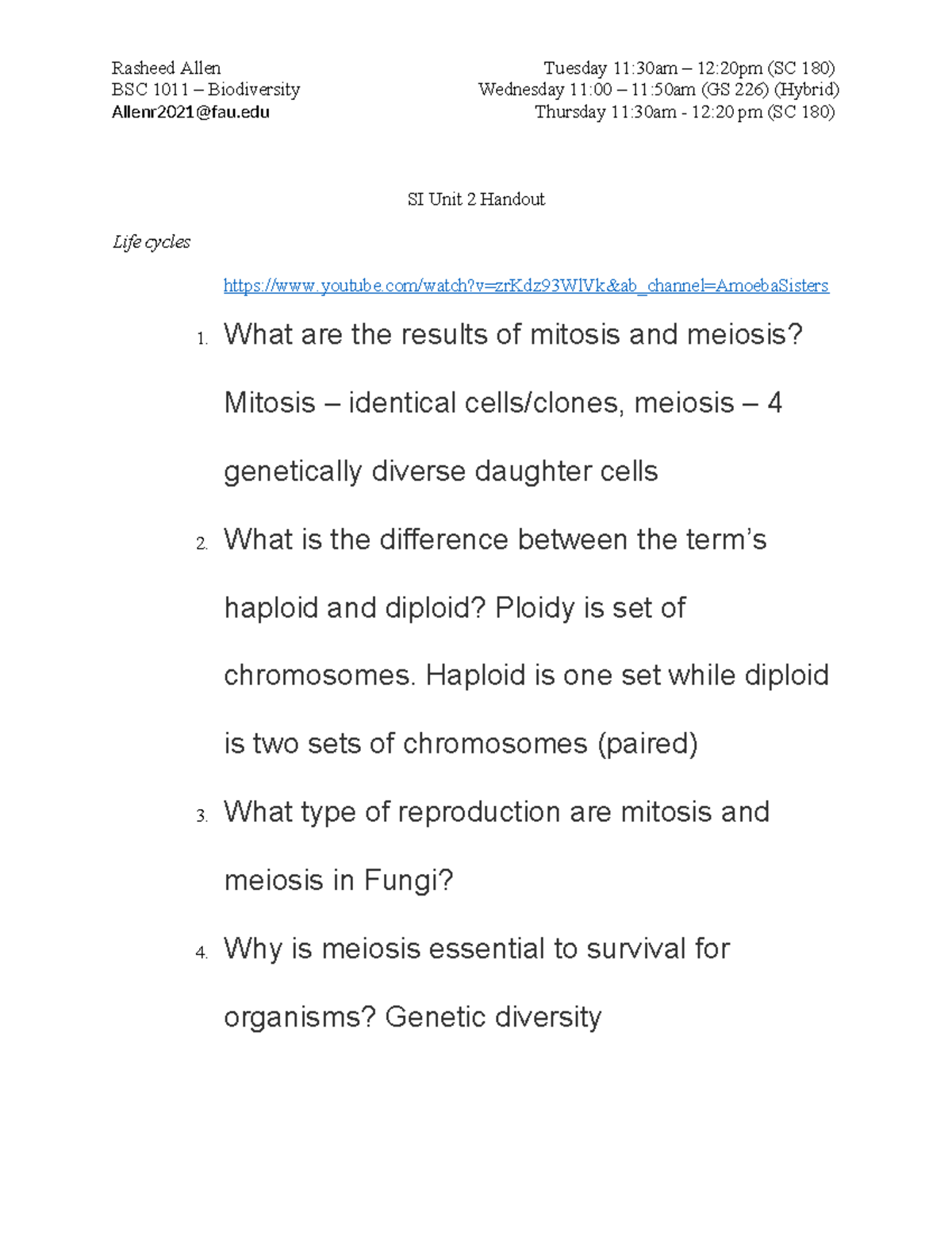 Unit 2 Part 1 - Answer Sheet - Rasheed Allen BSC 1011 Frazier 9 - BSC 1011 – Biodiversity ...