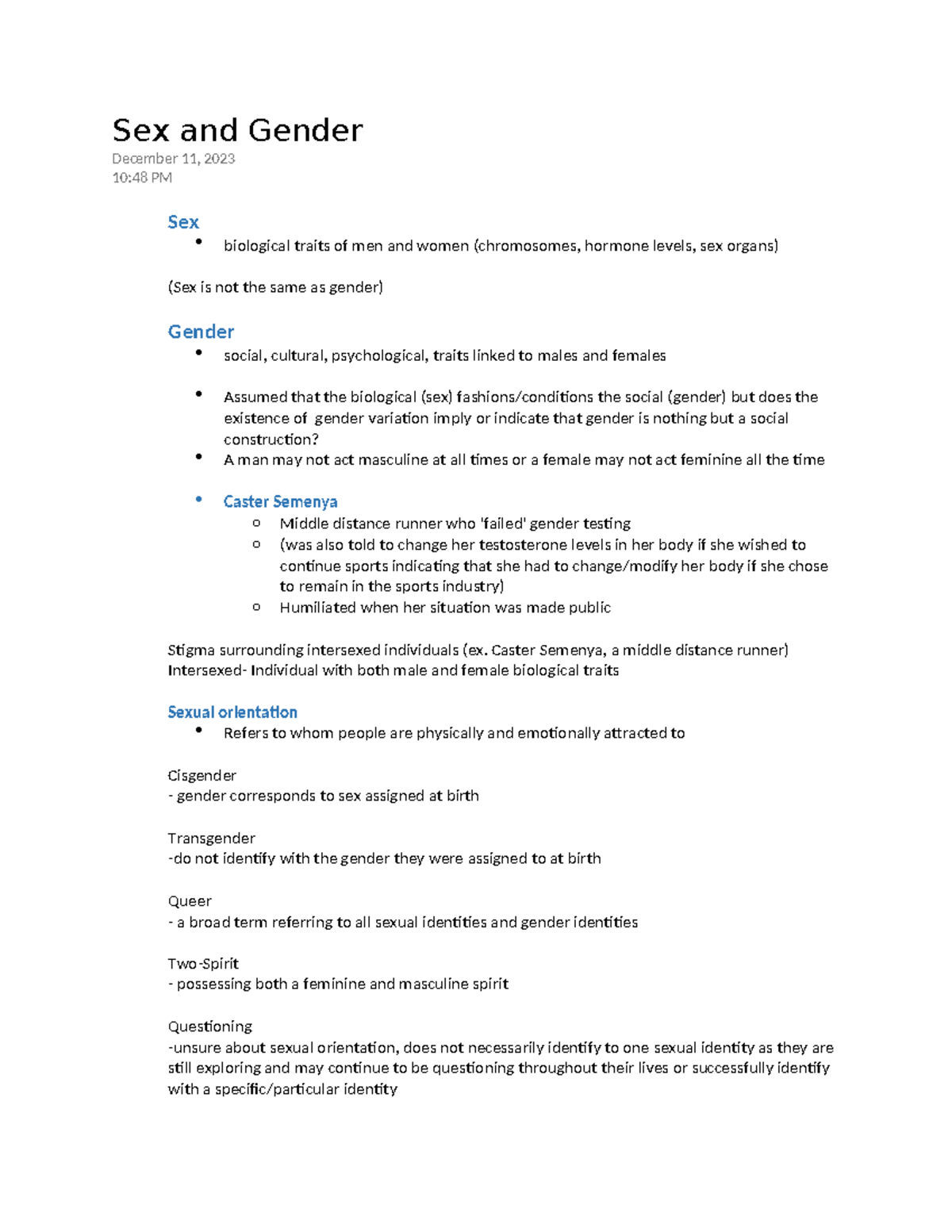 SOCI 201 Sex and Gender - Sex and Gender December 11, 2023 10:48 PM Sex ...