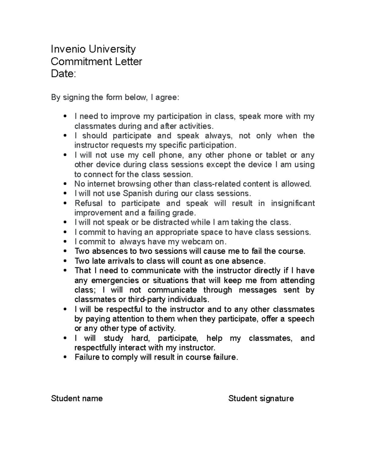 Invenio University English II Agreement Letter - Invenio University ...