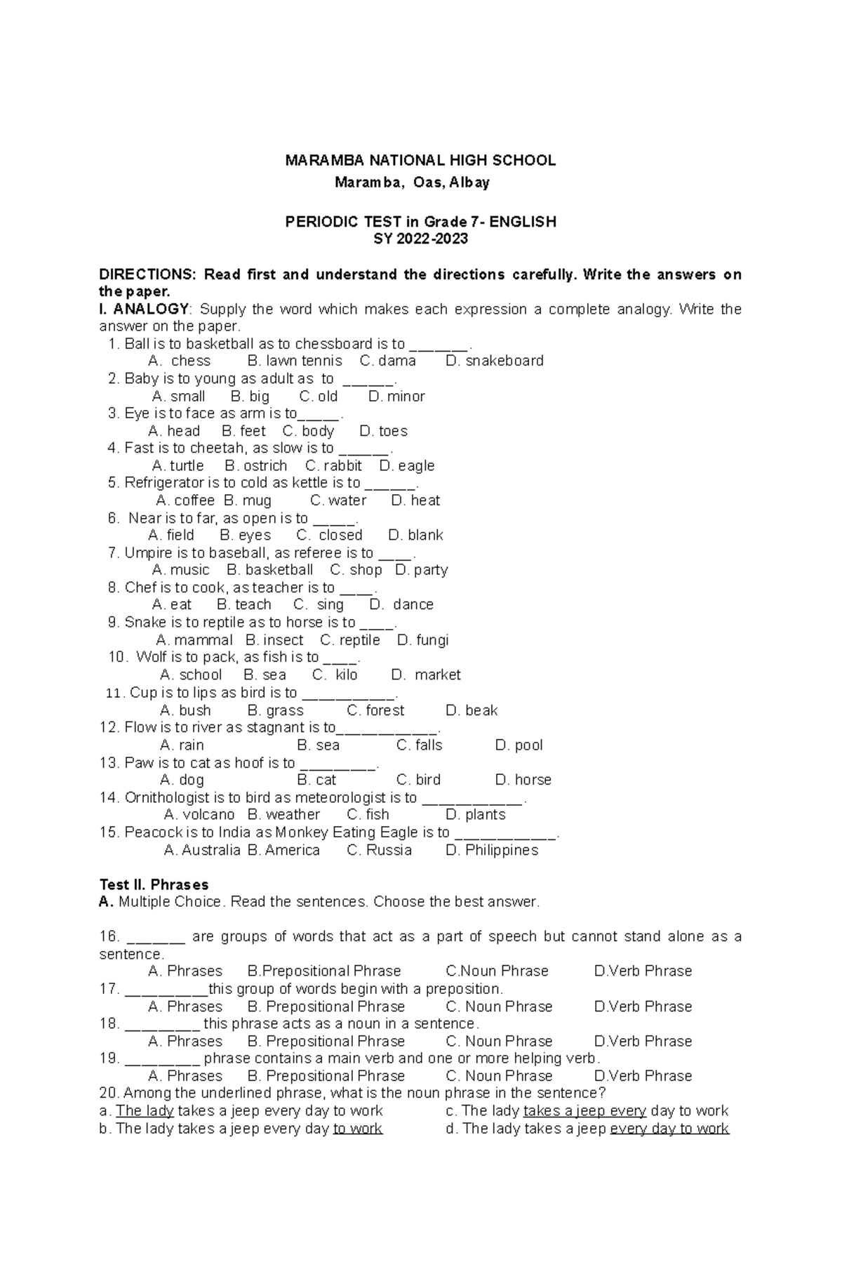 1ST Summative TEST IN English 7 SY 2022-2023 - MARAMBA NATIONAL HIGH ...