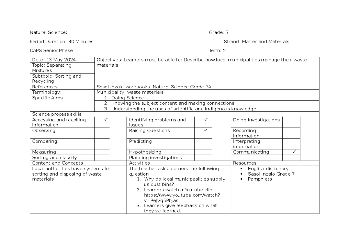 Natural Science Grade 7 Lesson Plan - Natural Science: Grade: 7 Period ...