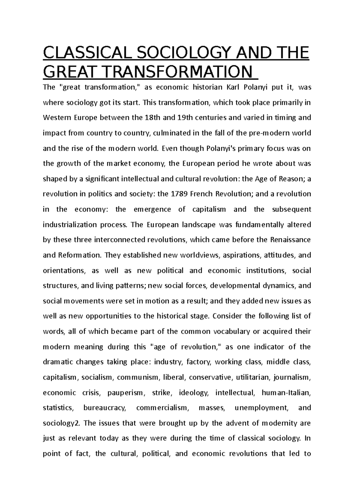 Classical Sociology AND THE Great Transformation - CLASSICAL SOCIOLOGY ...