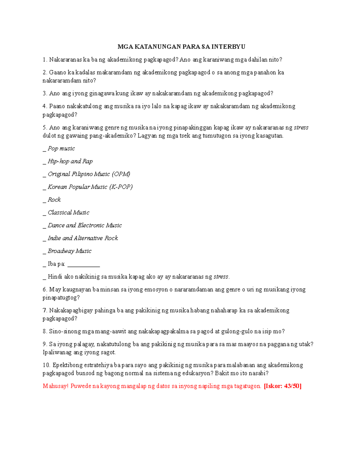 Group 2 MGA Katanungan PARA SA Interbyu - MGA KATANUNGAN PARA SA ...