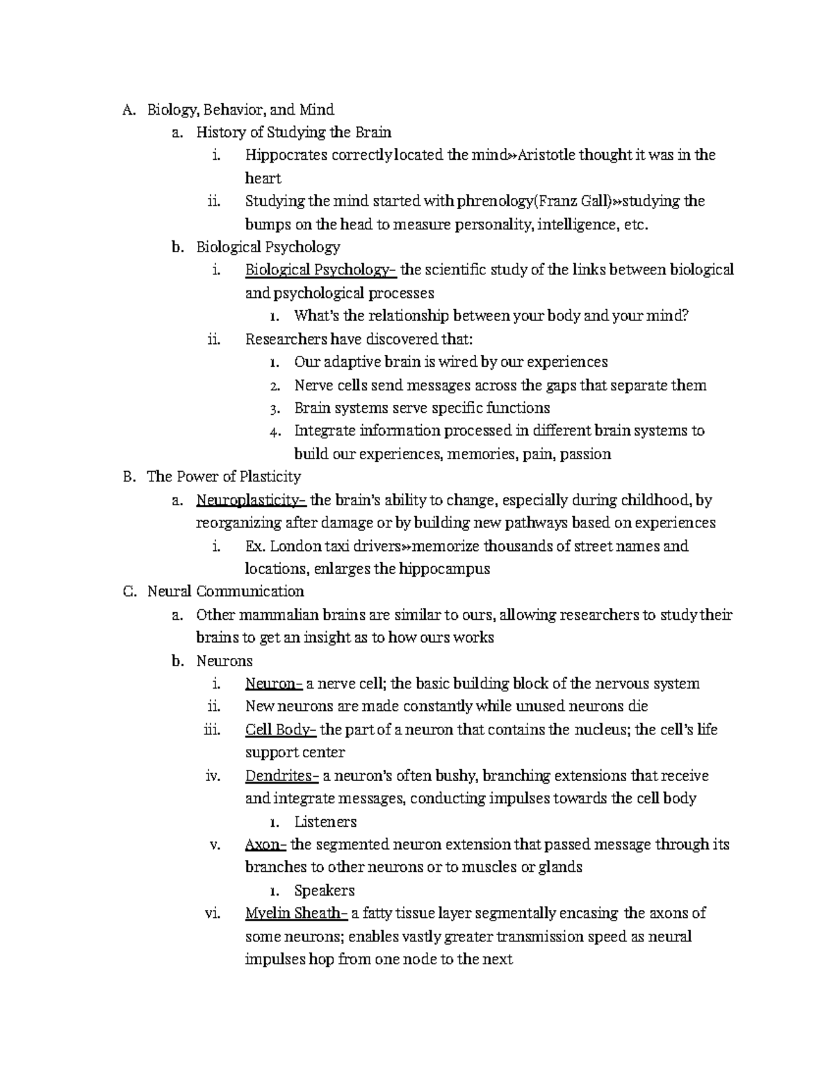 Chapter 2 The Biology of the Mind Notes - A. Biology, Behavior, and ...