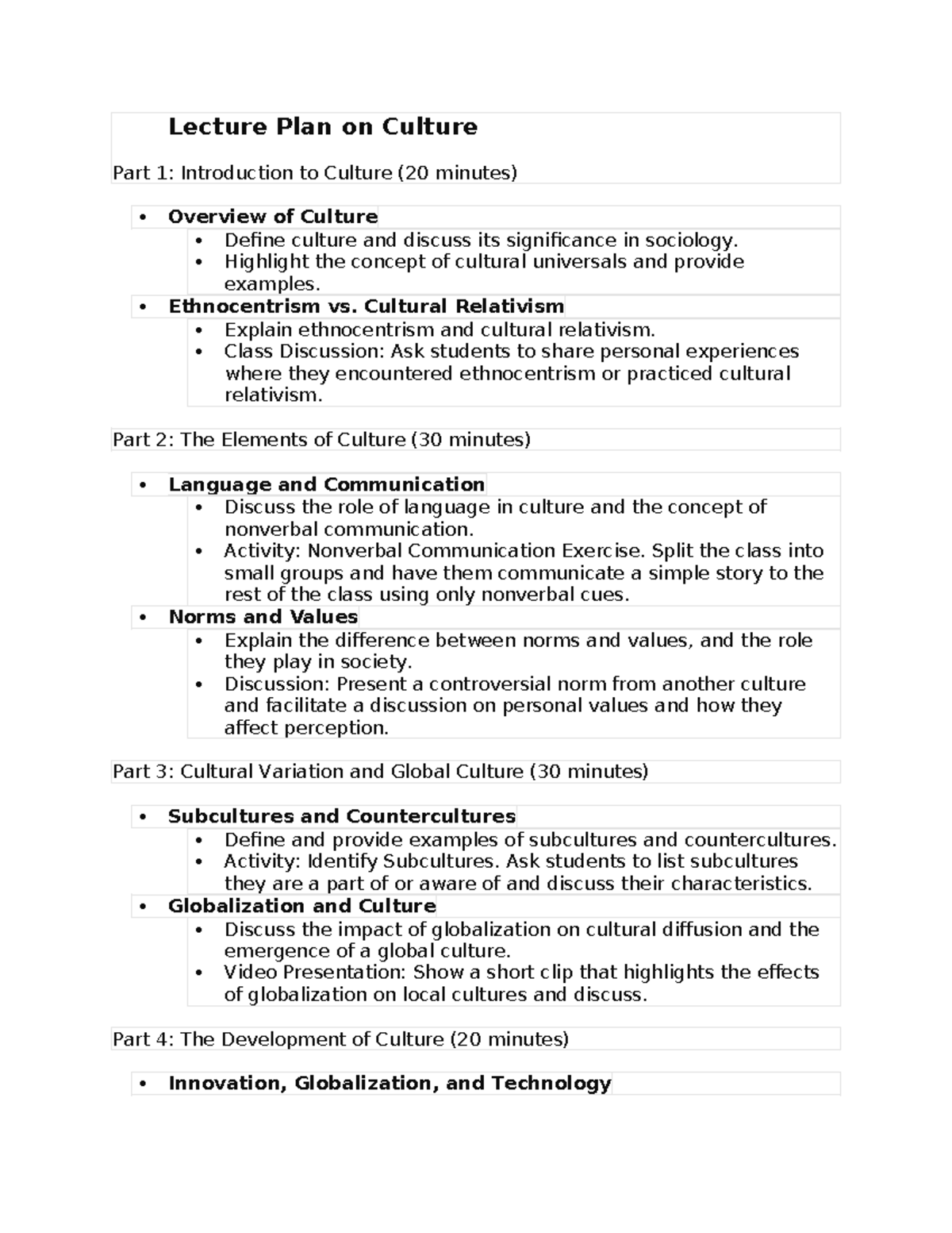 Chap 3- Lecture Plan on Culture - Lecture Plan on Culture Part 1 ...