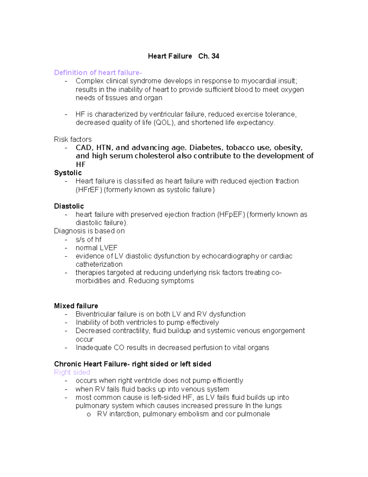 NUR 3200 Heart Failure Outline - Heart Failure Ch. 34 Definition of ...