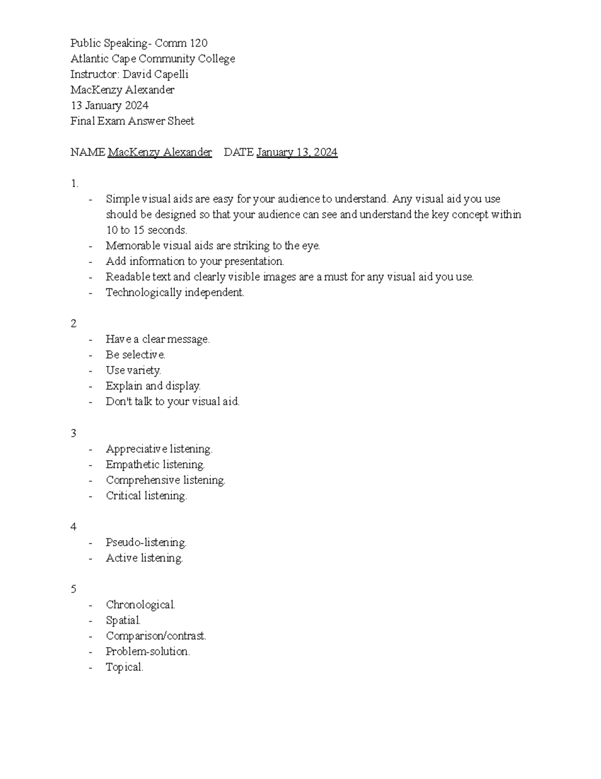 Comm 120 Final Exam Answer Sheet - Public Speaking- Comm 120 Atlantic ...