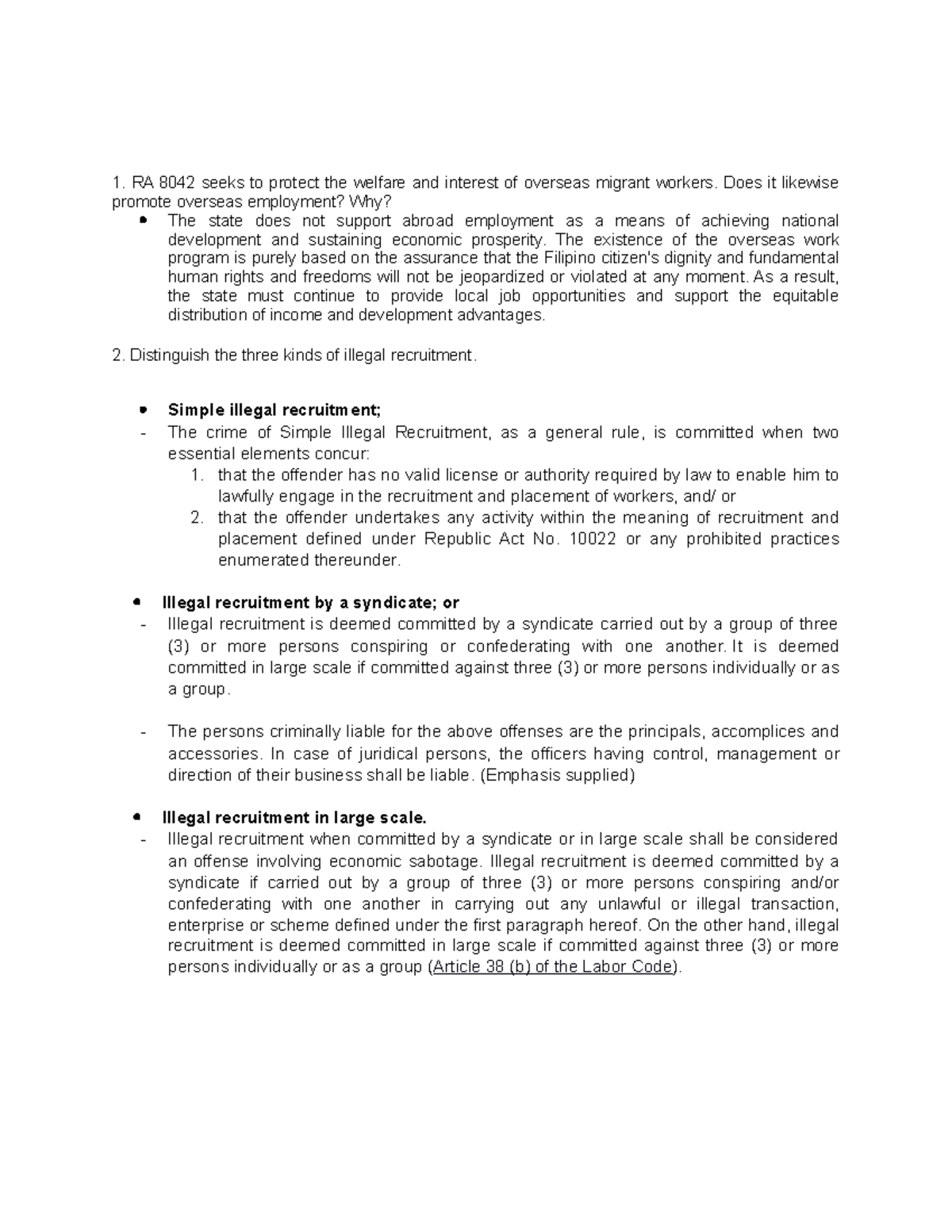 Classwork ii - RA 8042 seeks to protect the welfare and interest of ...