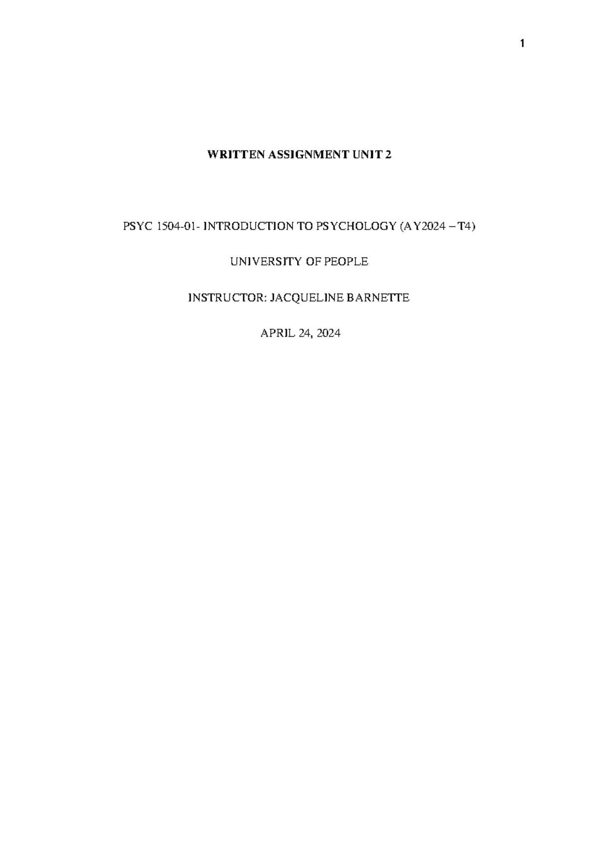 Written Assignment UNIT 2 PSYC - WRITTEN ASSIGNMENT UNIT 2 PSYC 1504- 01 - INTRODUCTION TO - Studocu