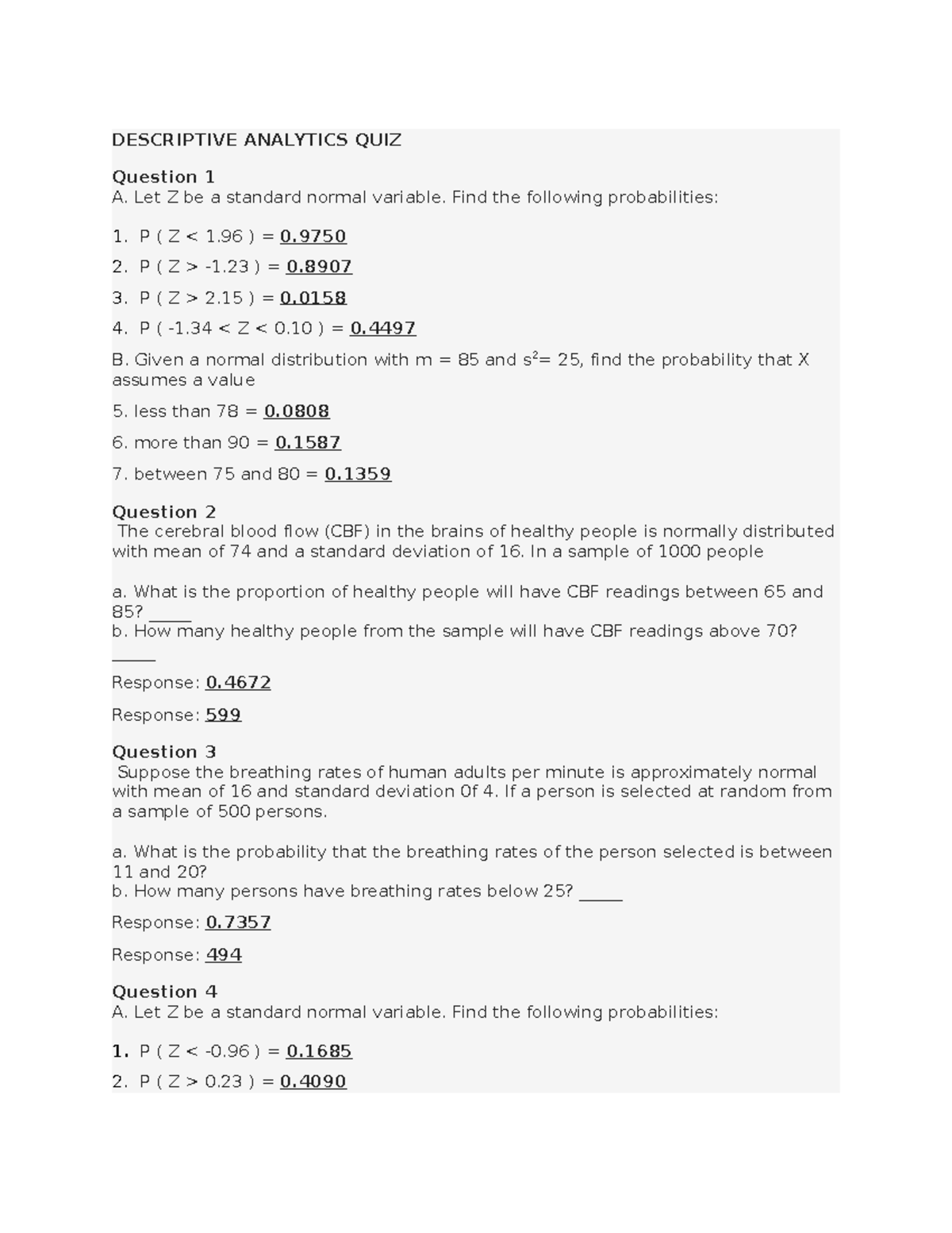 Analytics QUIZ - Quiz on Probabilities - DESCRIPTIVE ANALYTICS QUIZ ...