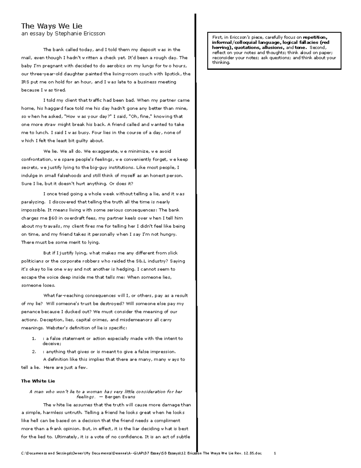 Ericsson, Stephanie - The Ways We Lie - The Ways We Lie an essay by ...