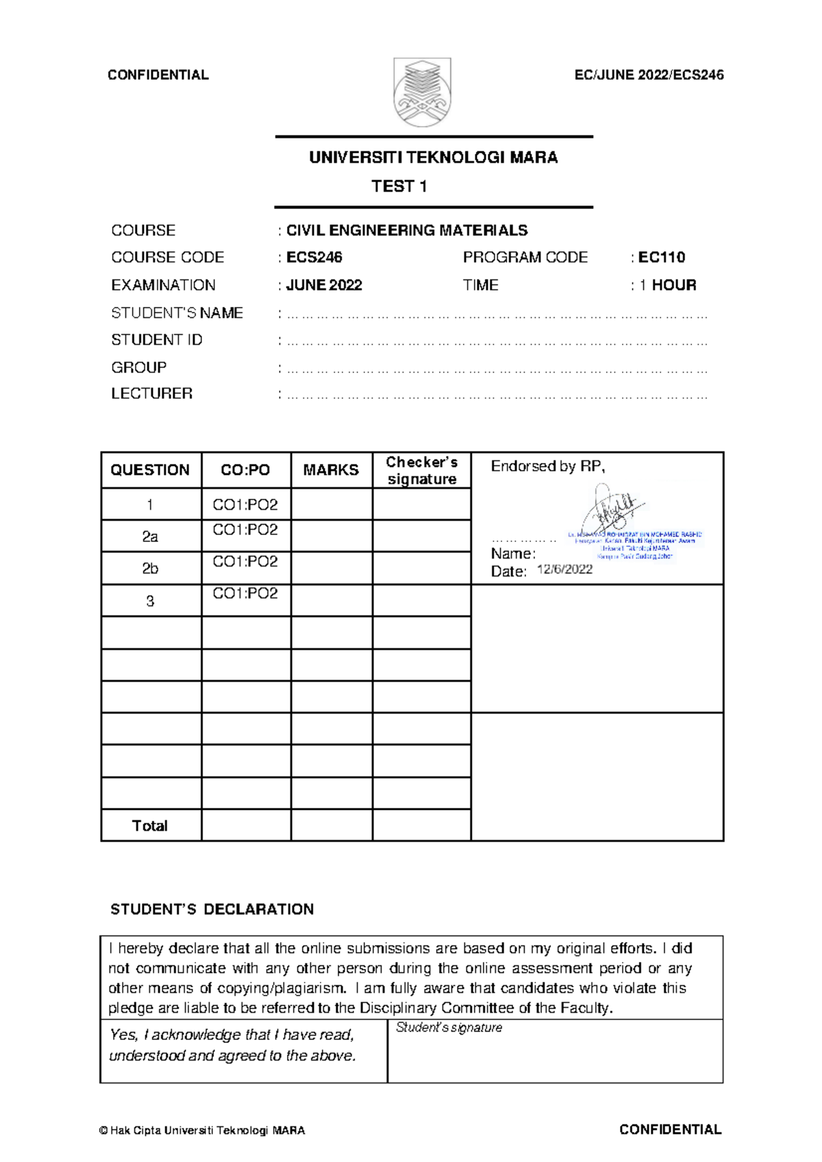 Test 1 & students declaration form.docx (1) - CONFIDENTIAL 1 EC/JUNE ...