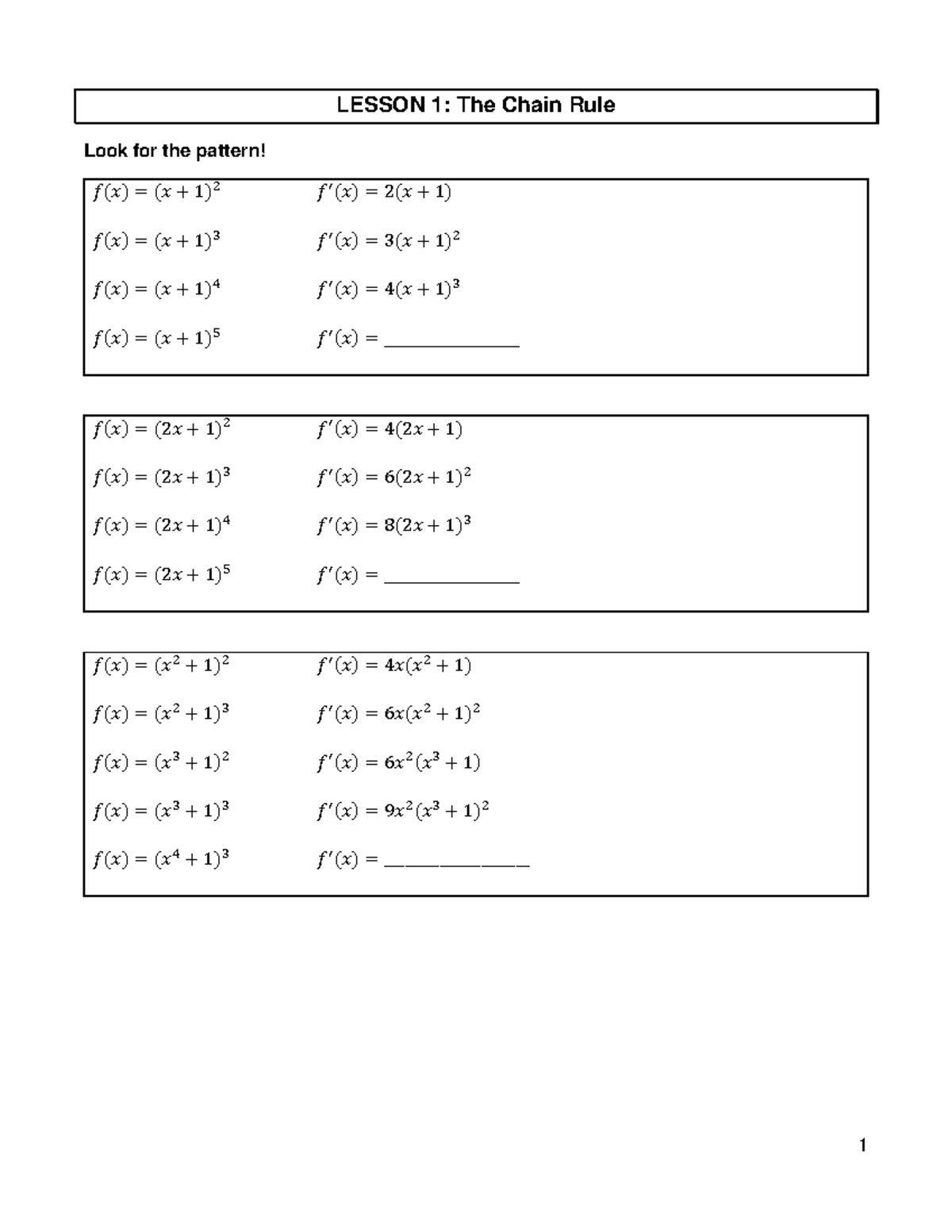 Unit 7 Notes - LESSON 1: The Chain Rule Look for the pattern! 𝑓(𝑥) = (𝑥 ...