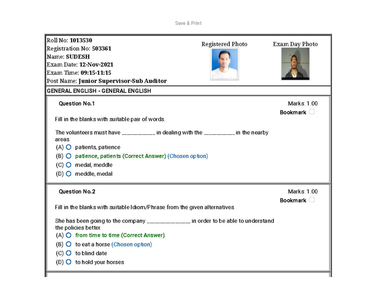 Junior Supervisor-Sub Auditor 5 - Save & Print Roll No: 1013530 ...