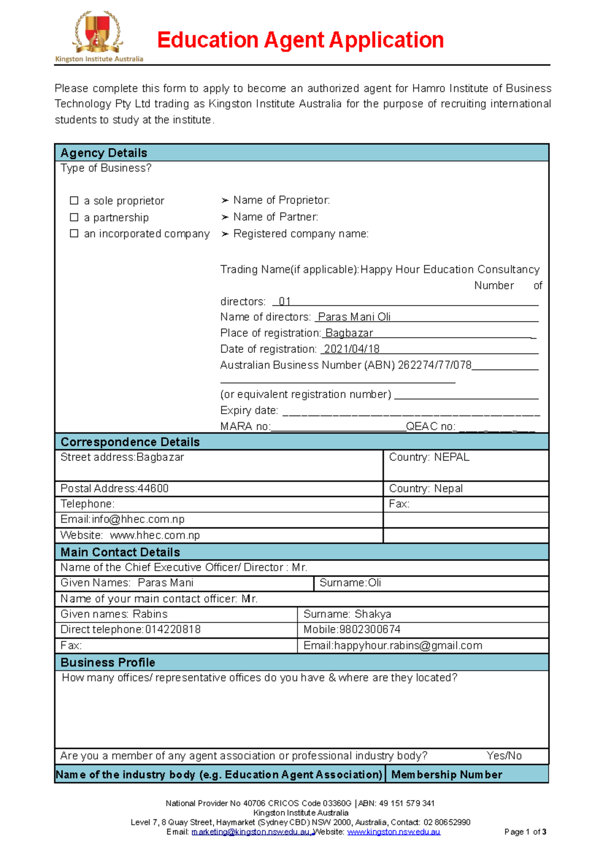 Final - Education Agent Application National Provider No 40706 CRICOS ...