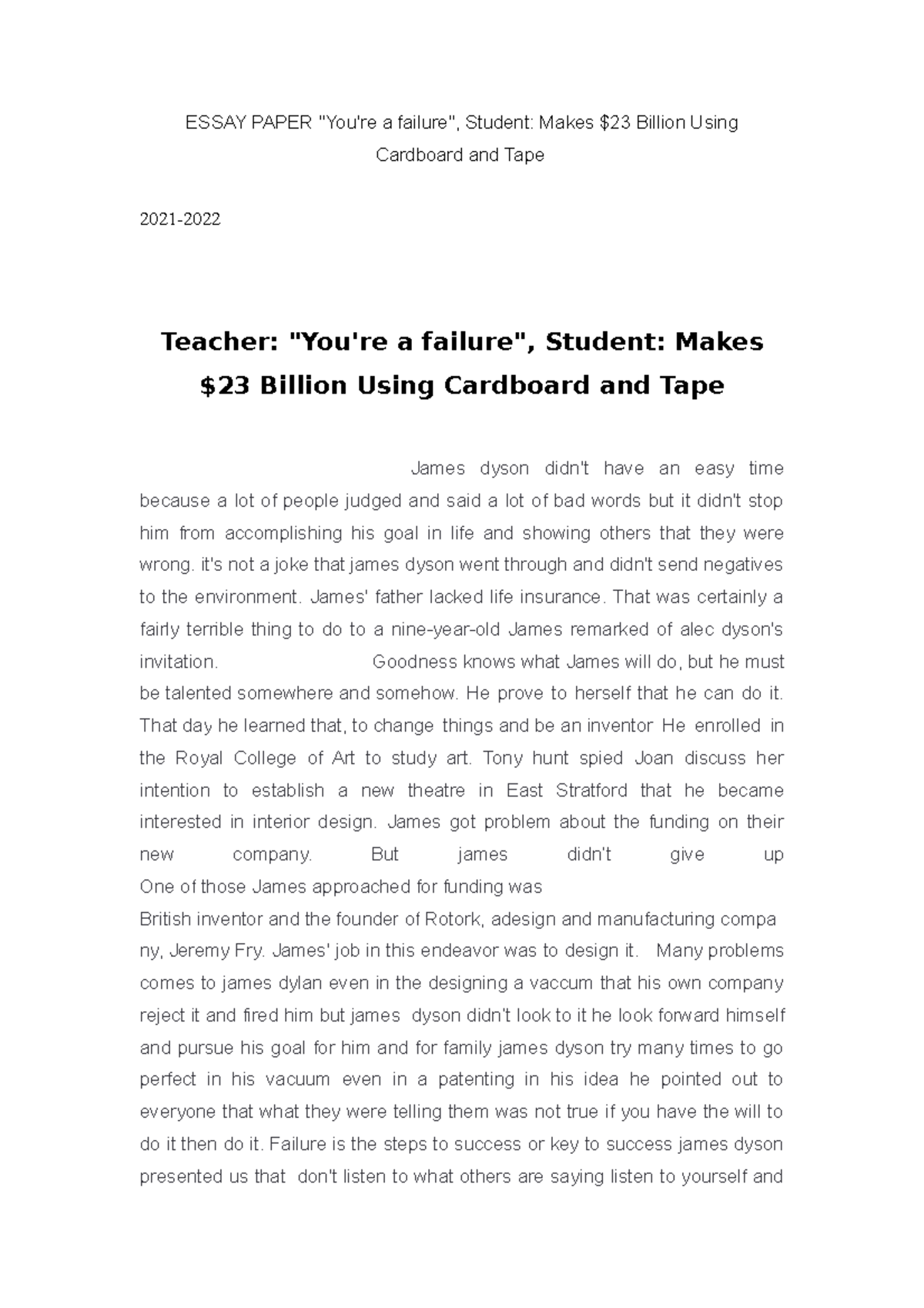 Essay Paper You're a failure Student Makes $23 Billion Using Cardboard ...