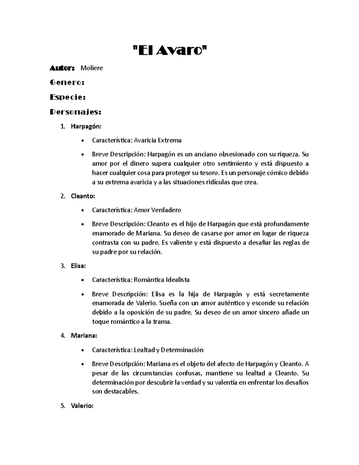 El Avaro - "El Avaro" Autor: Moliere Genero: Especie: Personajes: 1 ...