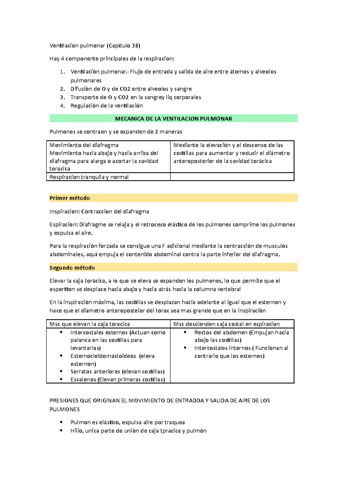 Ventilación pulmonar Resumen - Fisiología - Ventilacion pulmonar (Capítulo 38) Hay 4 componente ...