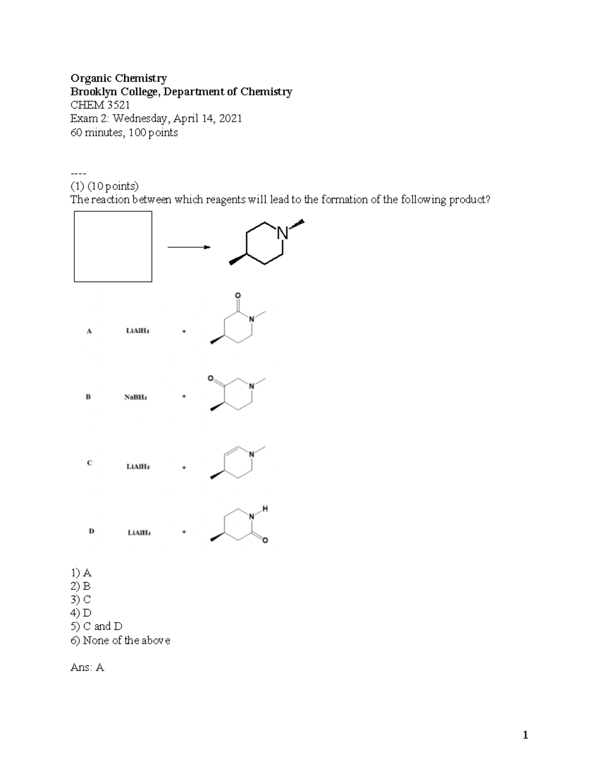 Exam 2 Spring Chem 3521 - helpful - Organic Chemistry Brooklyn College ...