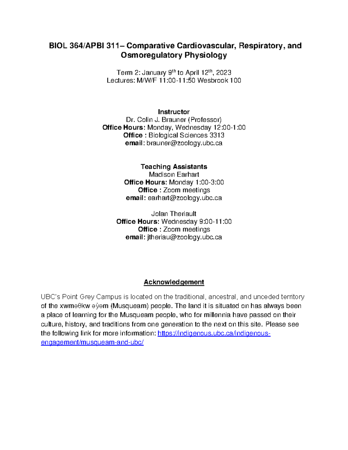Biol 364 Syllabus 2023 - BIOL 364 /APBI 311 – Comparative ...