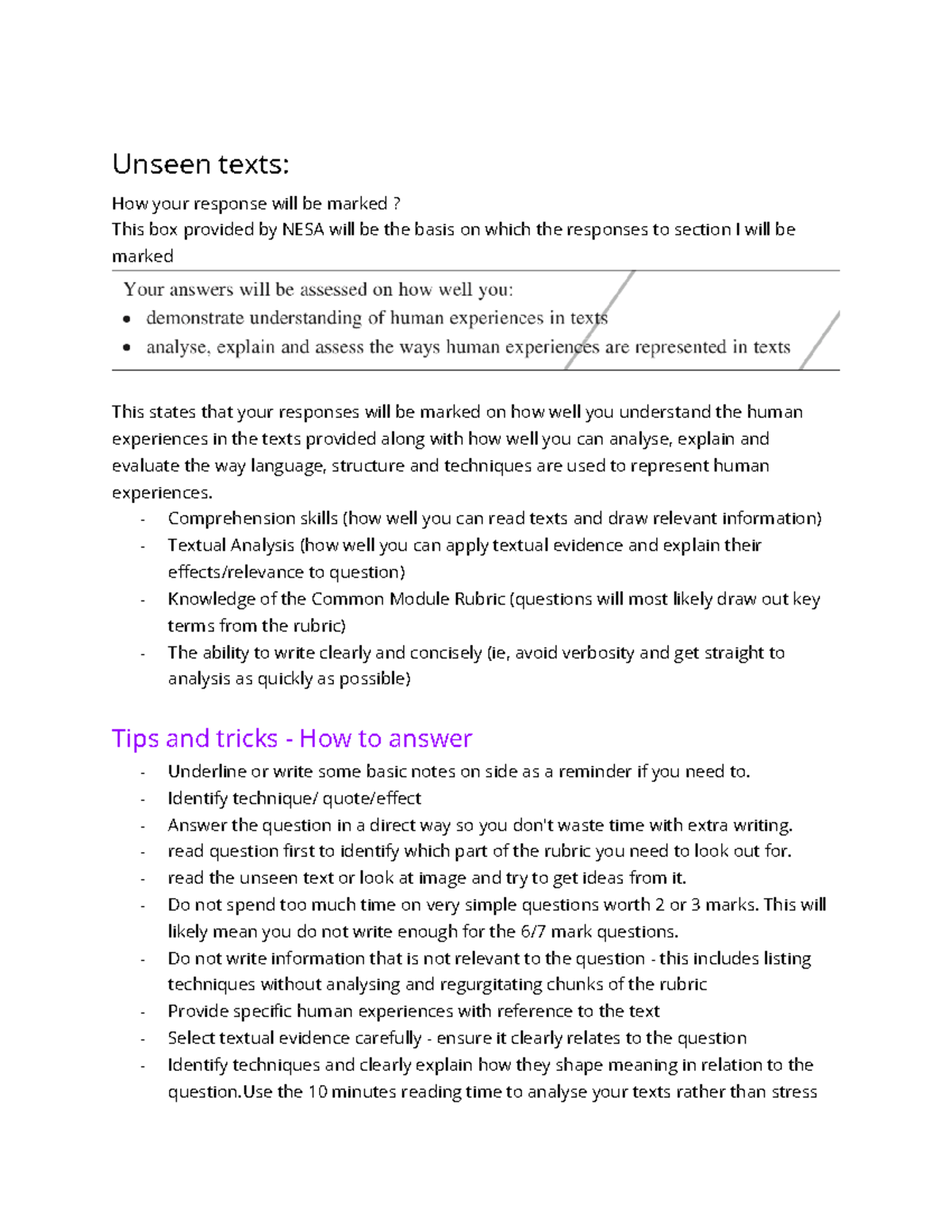 Unseen Texts - english summary notes and quotes - Unseen texts: How ...