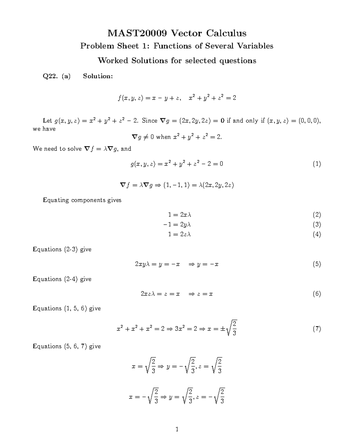 Worked Solutions 1.3 2024S2 - MAST20009 Vector Calculus Problem Sheet 1: Functions of Several ...