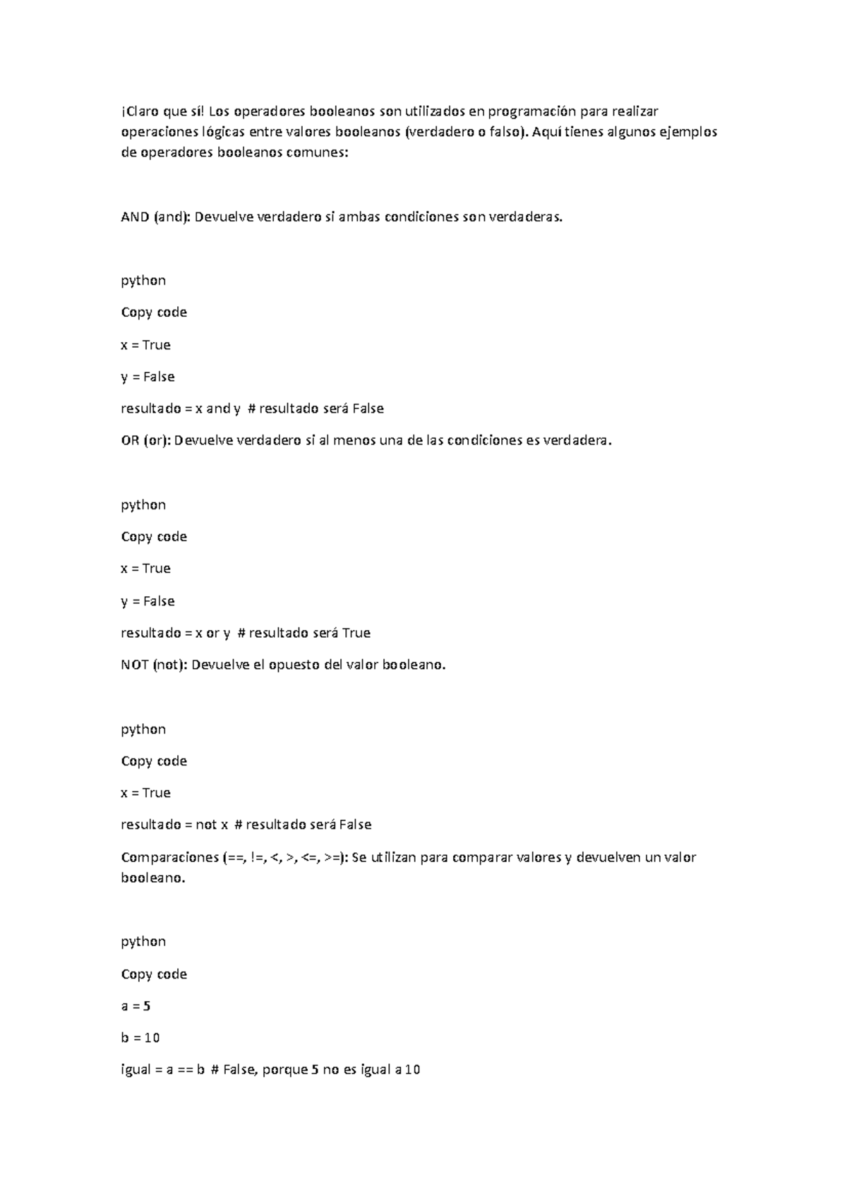 Booleanos - Tarea - ¡Claro que sí! Los operadores booleanos son ...