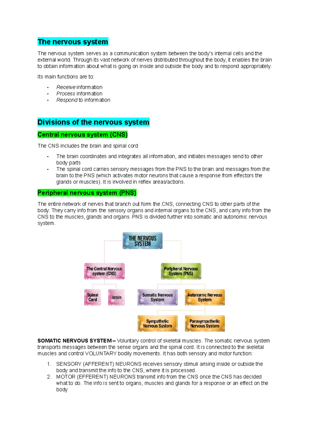 Unit 1 Summary notes - The nervous system The nervous system serves as ...