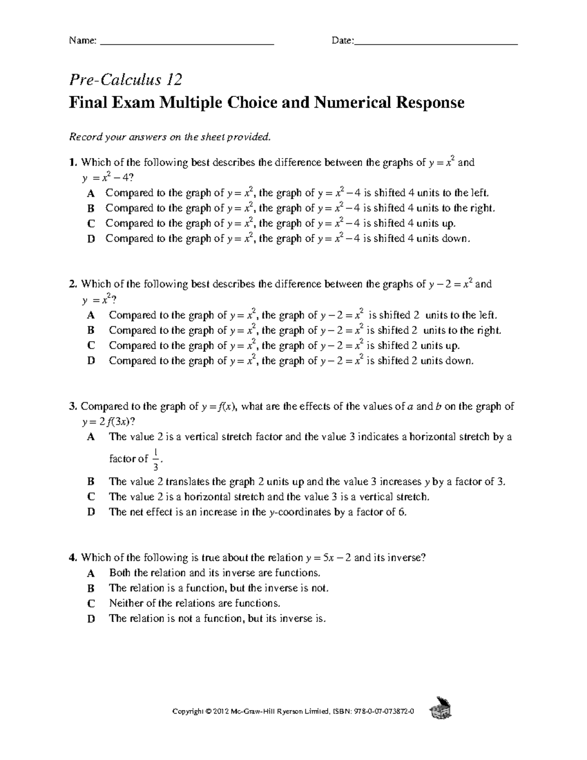 PC 12 Final Exam MC Questions F - Pre-Calculus 12 Final Exam Multiple ...