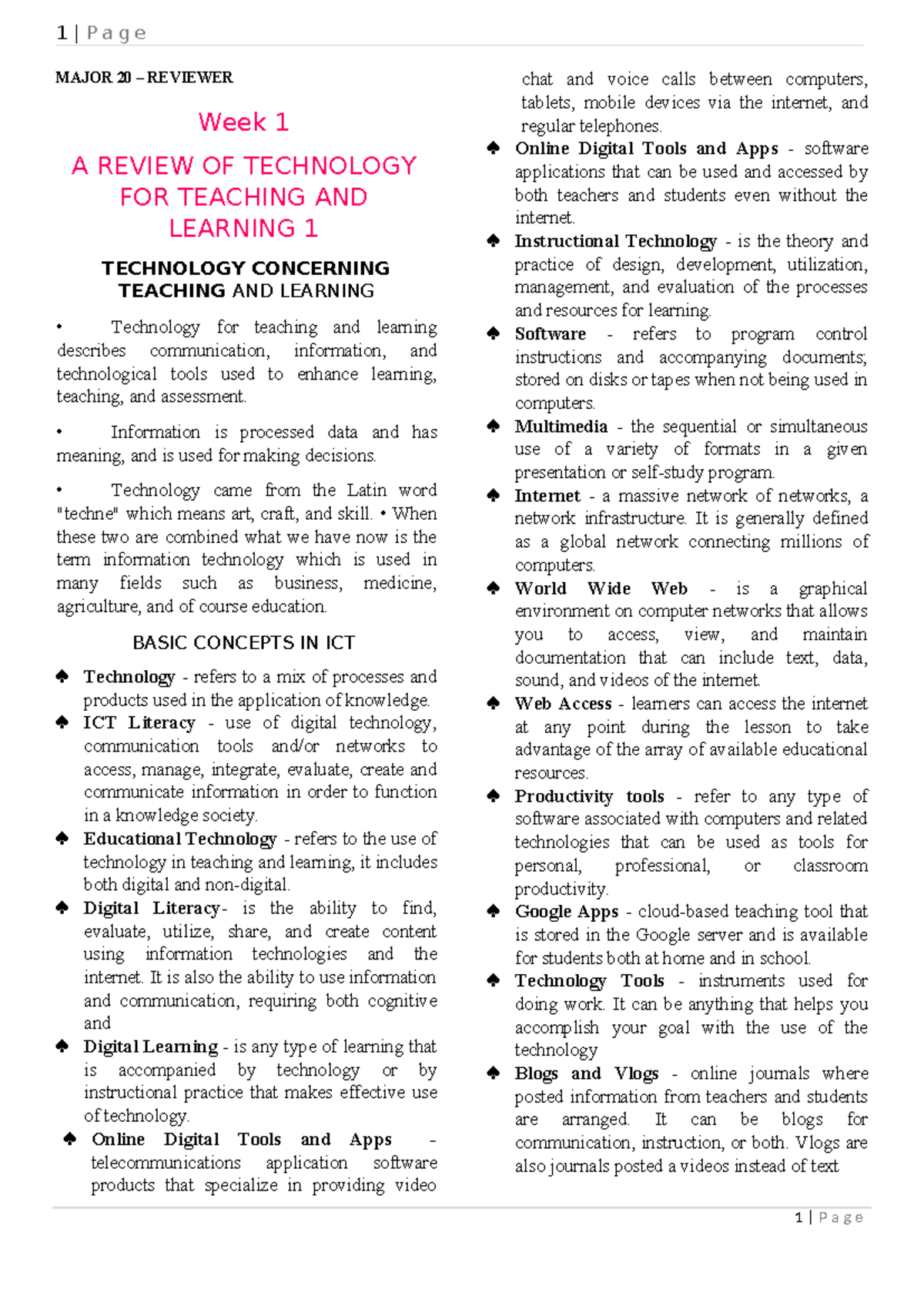 Major-20- Reviewer - MAJOR 20 – REVIEWER Week 1 A REVIEW OF TECHNOLOGY ...