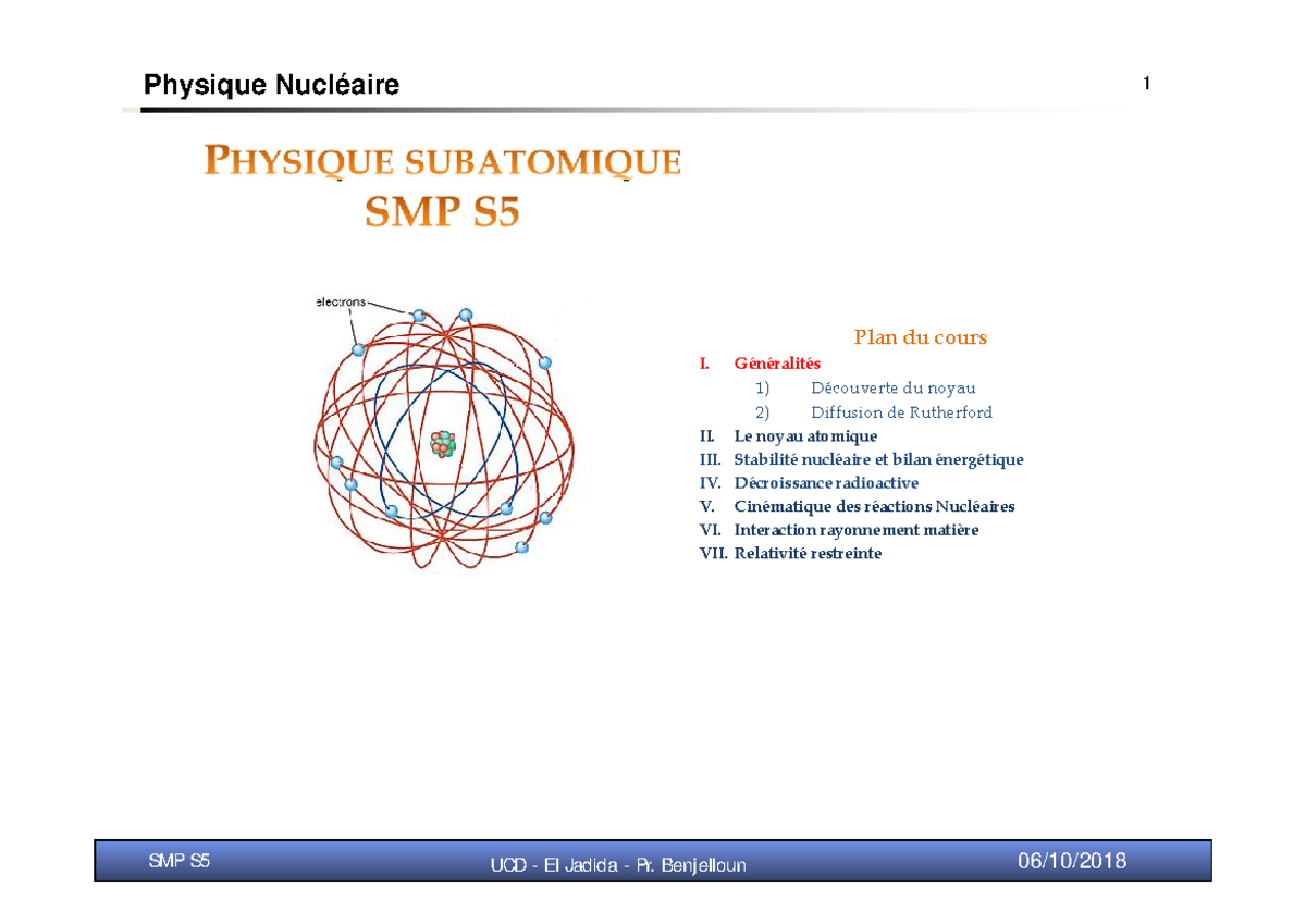 Physique nucleaire cours 04 - SMP S5 06/10/ Plan du cours I. Généralités Découverte du noyau ...