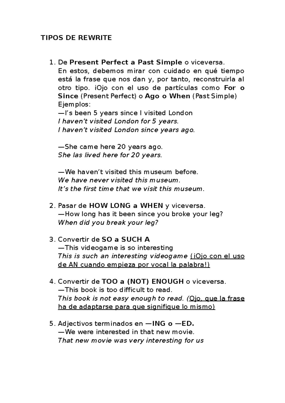 Rewrite Tipos - Practica - TIPOS DE REWRITE De Present Perfect a Past ...