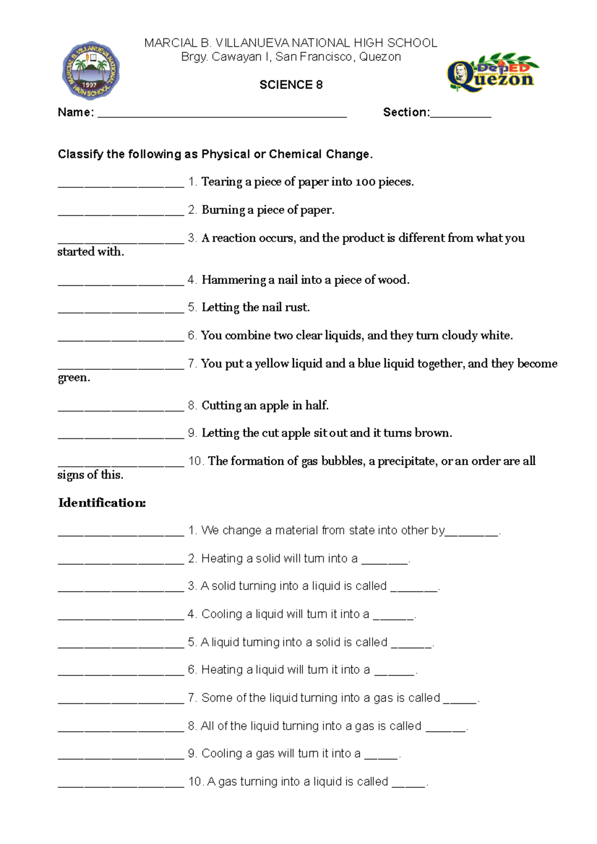 Changes and phases in matter quiz - MARCIAL B. VILLANUEVA NATIONAL HIGH ...