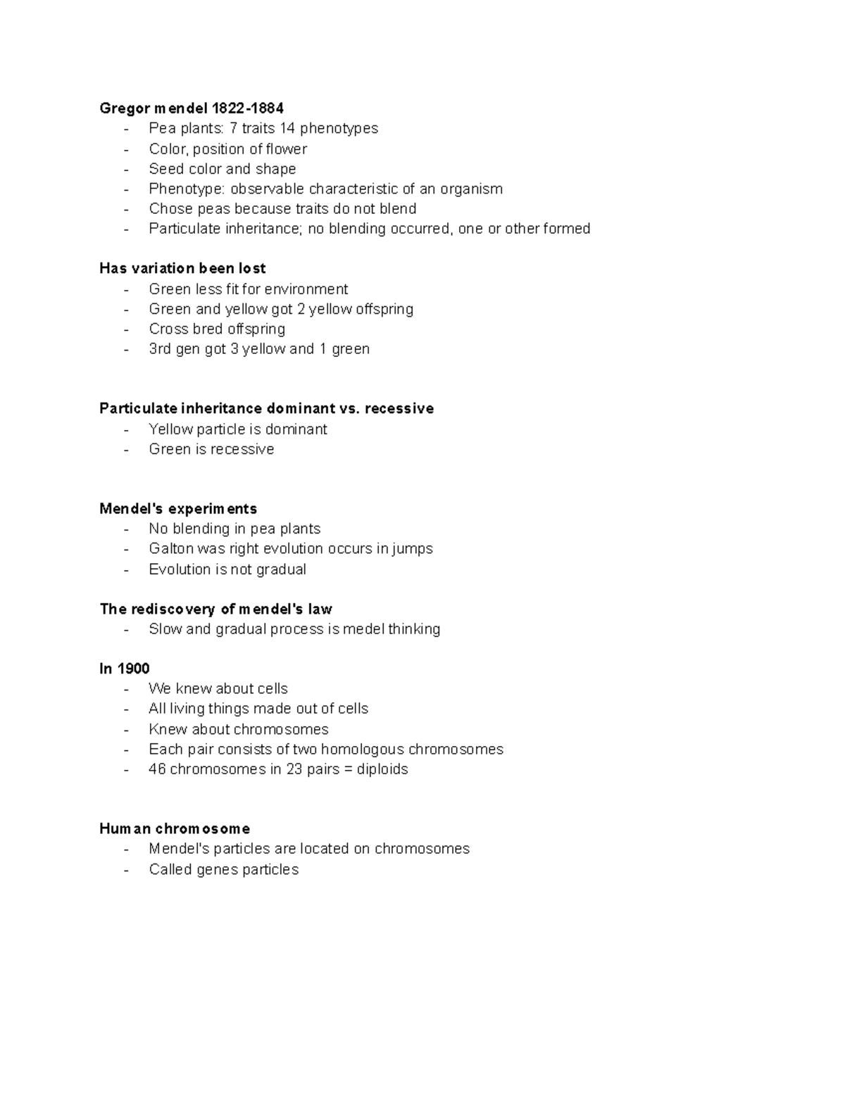 3. Mendel - notes - Gregor mendel 1822- Pea plants: 7 traits 14 ...