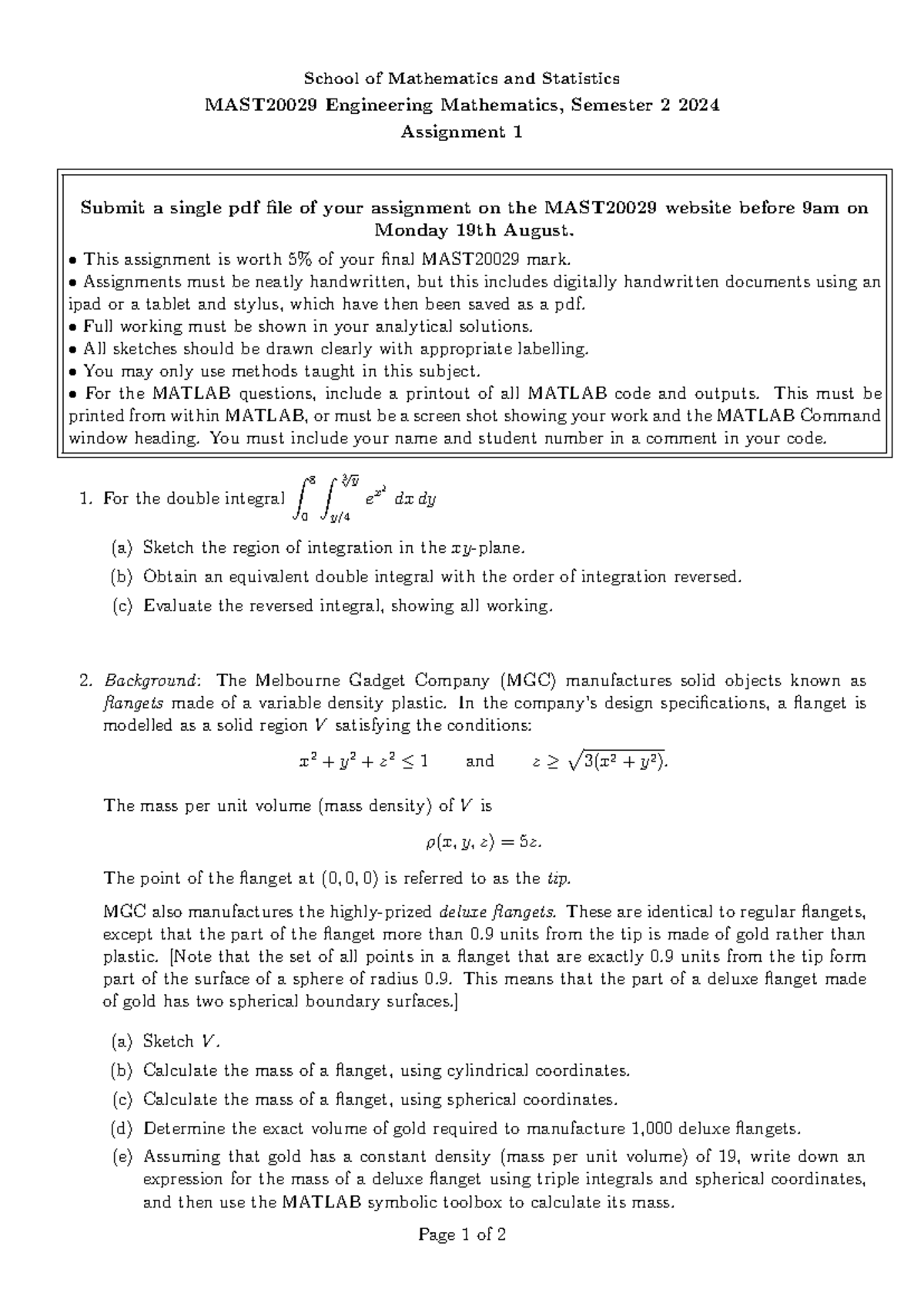 MAST2002 9 Asst 1 S2 2024 - School of Mathematics and Statistics MAST20029 Engineering ...