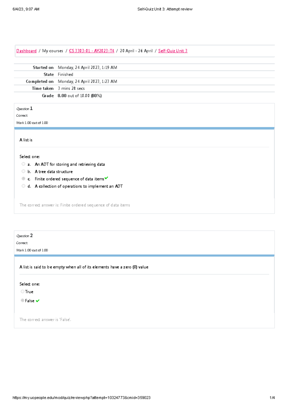 Self-Quiz Unit 3 Attempt review - Started on Monday, 24 April 2023, 1:19 AM State Finished ...