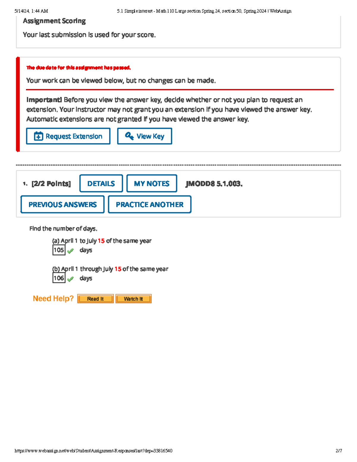 5.1 Simple interest - Math 110 Large section Spring 24, section 50, Spring 2024 Web Assign - Studocu