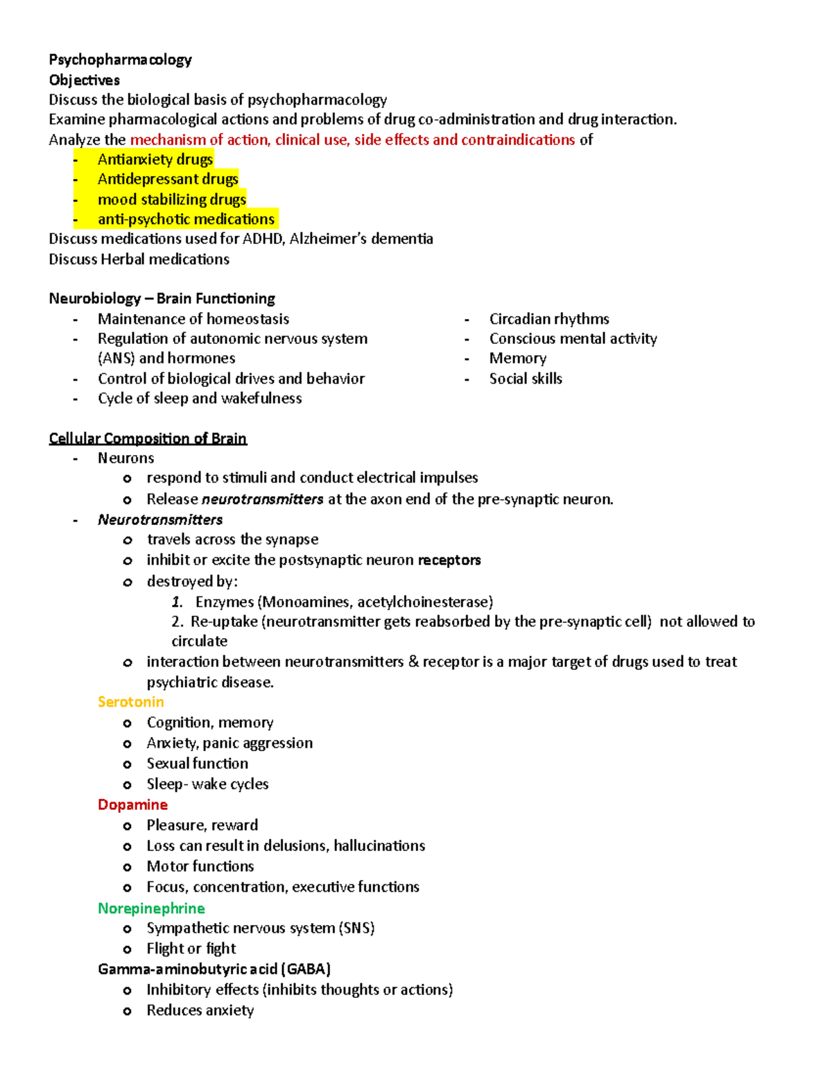 Psychopharmacology - Spring 2018 notes on psychopharmacy - Objectives ...
