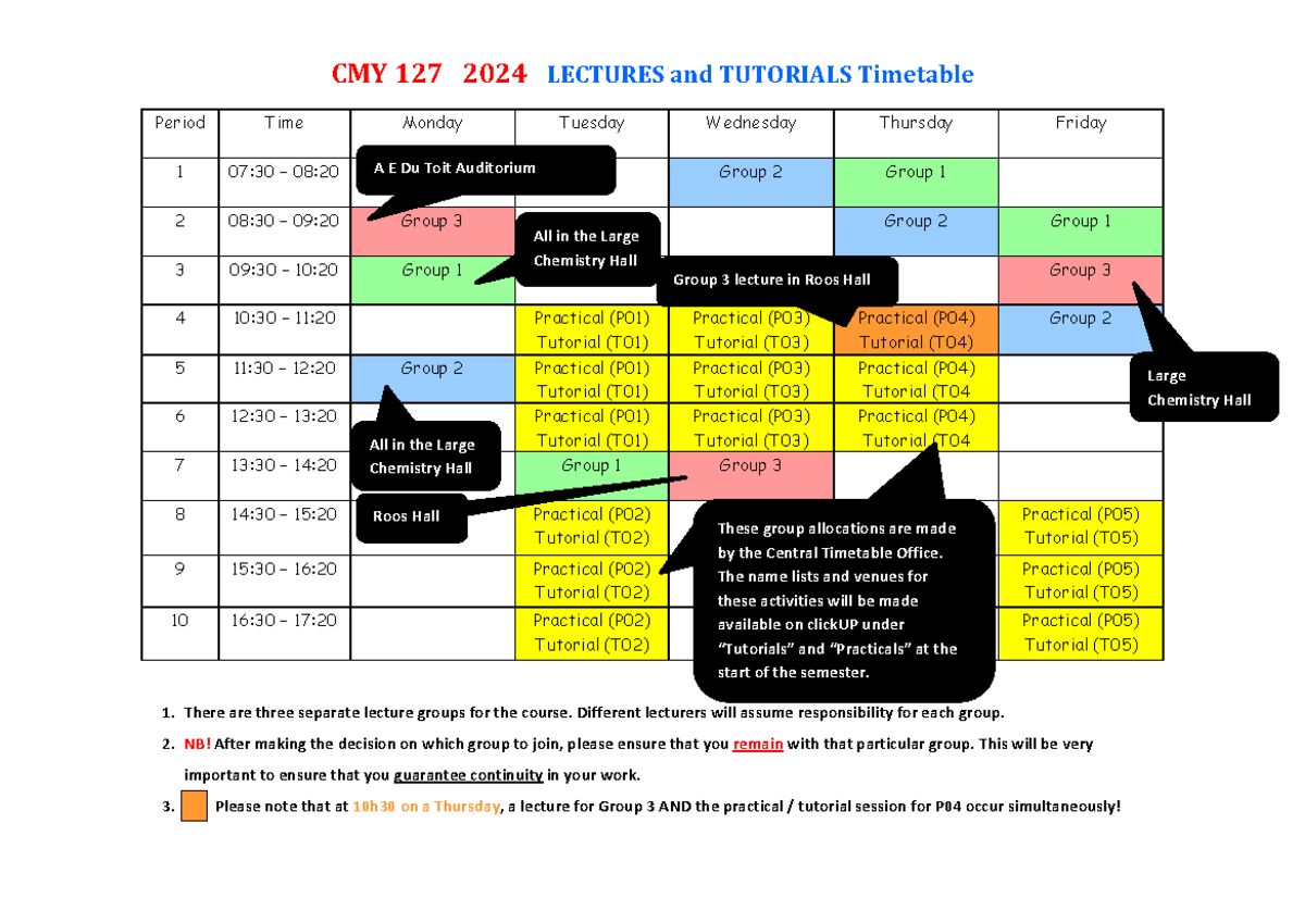 Lecture timetable - CMY 127 2024 LECTURES and TUTORIALS Timetable ...