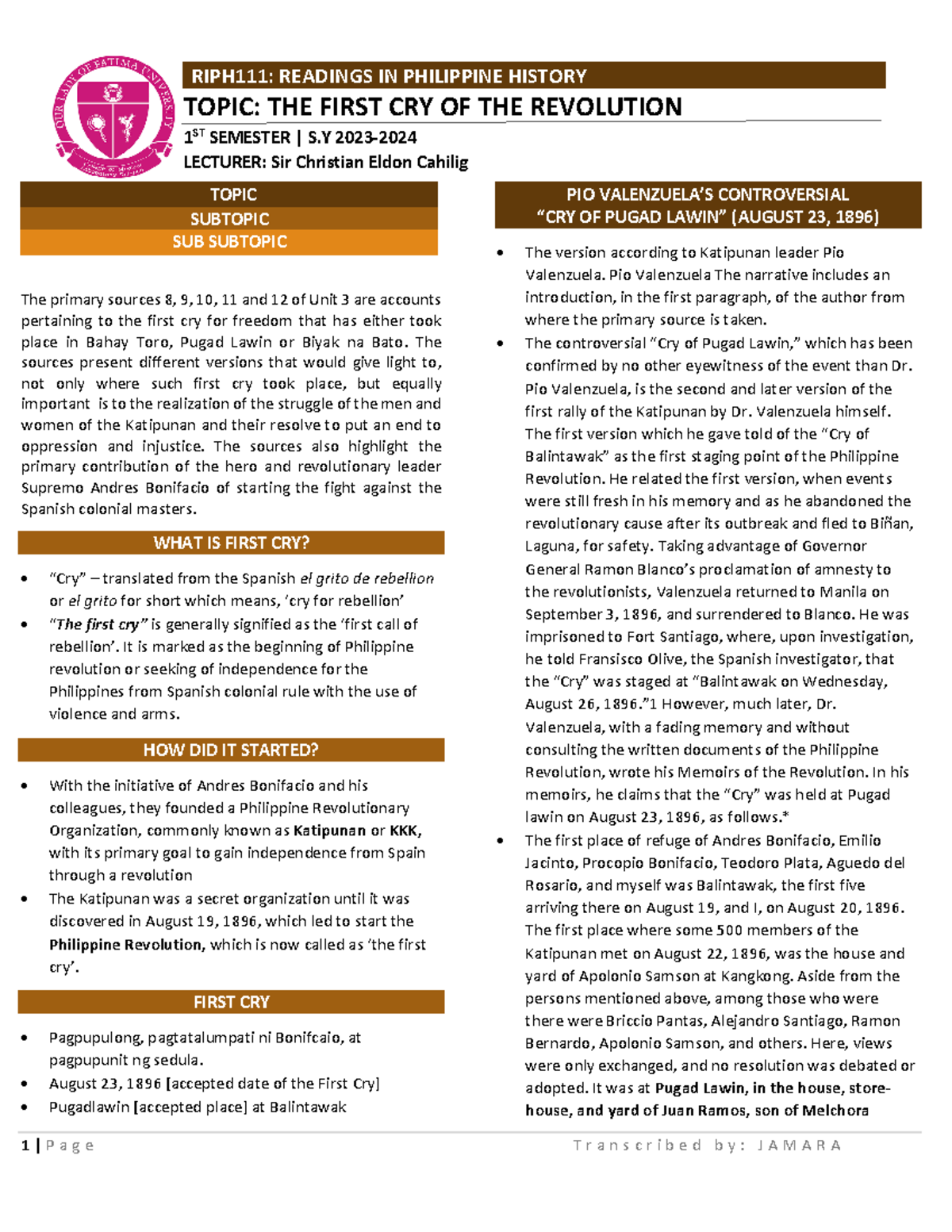 9 - First CRY OF THE Revolution - 1 | P a g e T r a n s c r i b e d b y ...