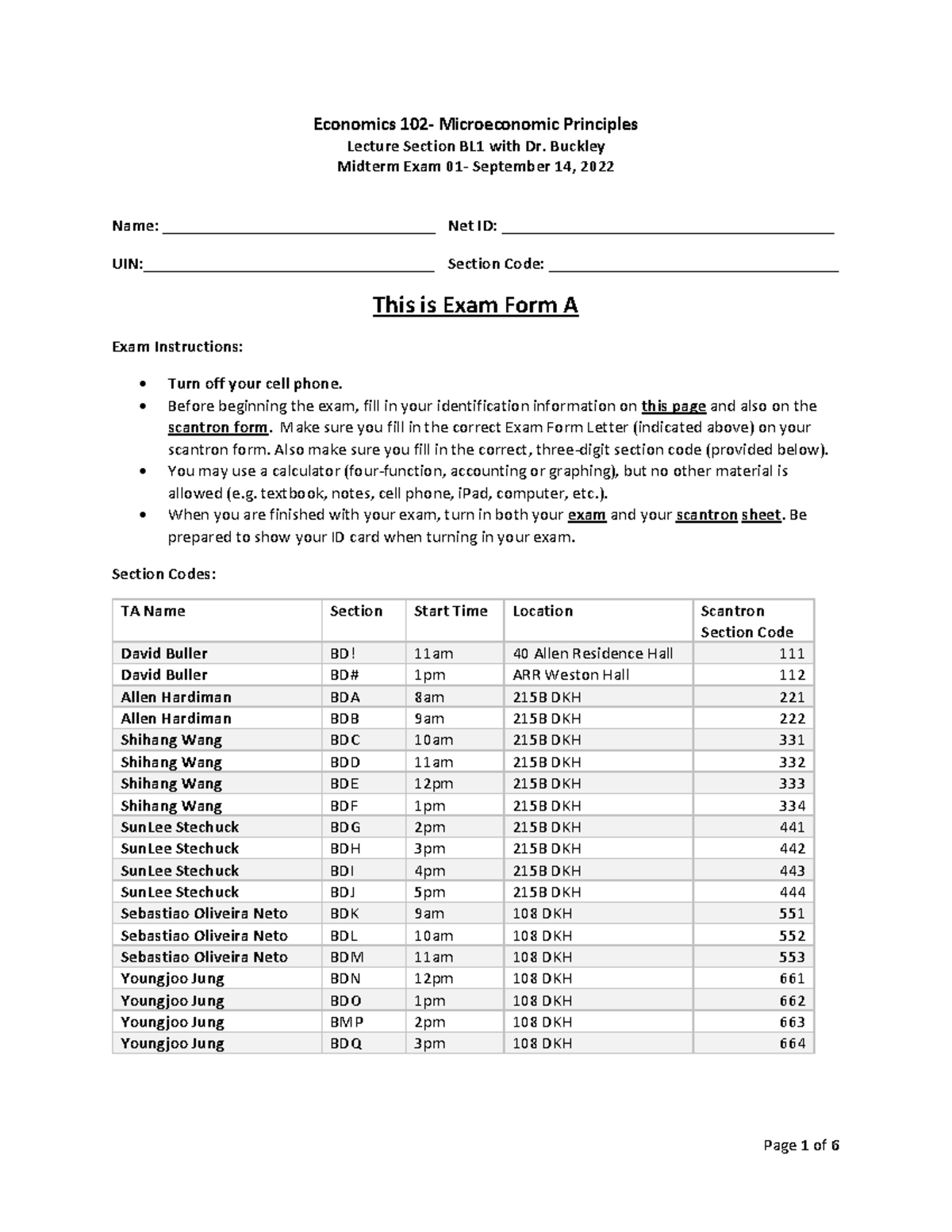 Econ 102 (Micro Prin)- Exam 01 Version A - Economics 102- Microeconomic ...