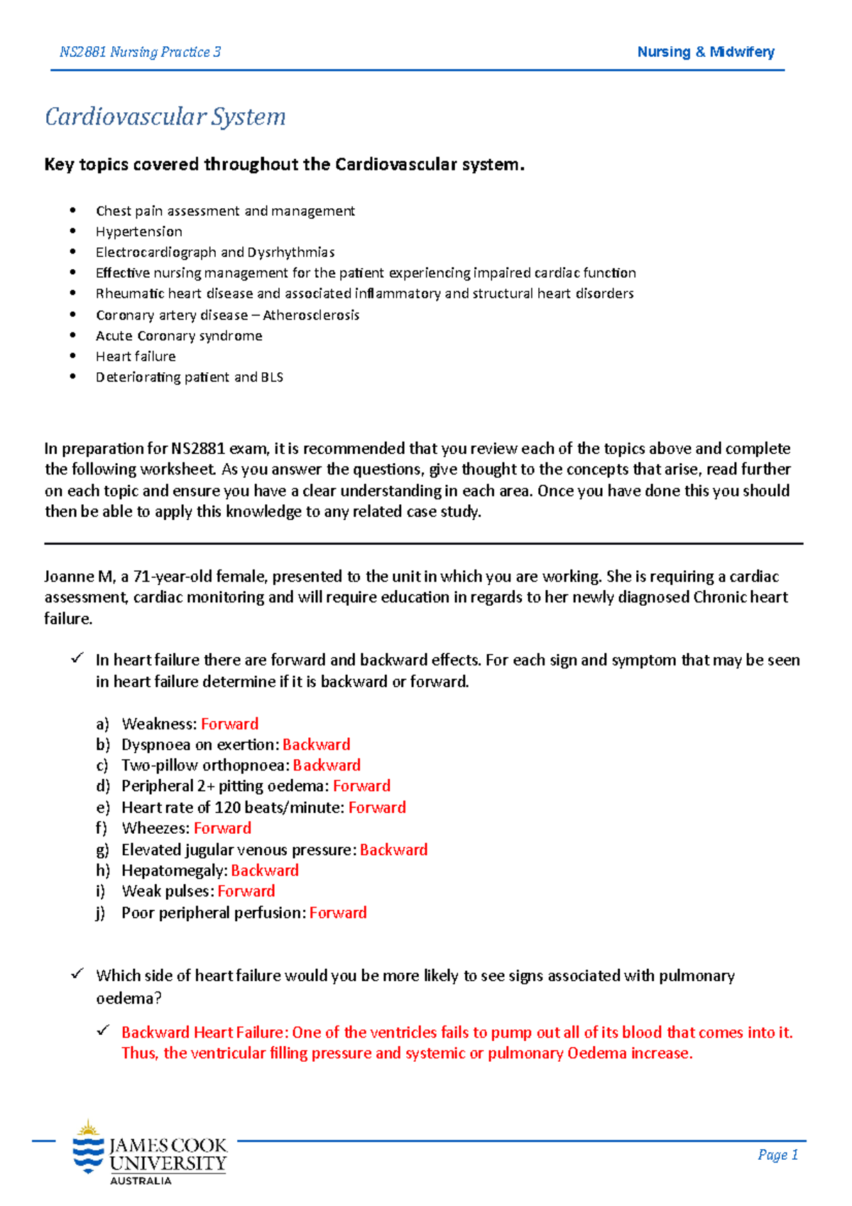 NS2881 Cardiovascular Exam prep Worksheet 2021 Final - Cardiovascular ...