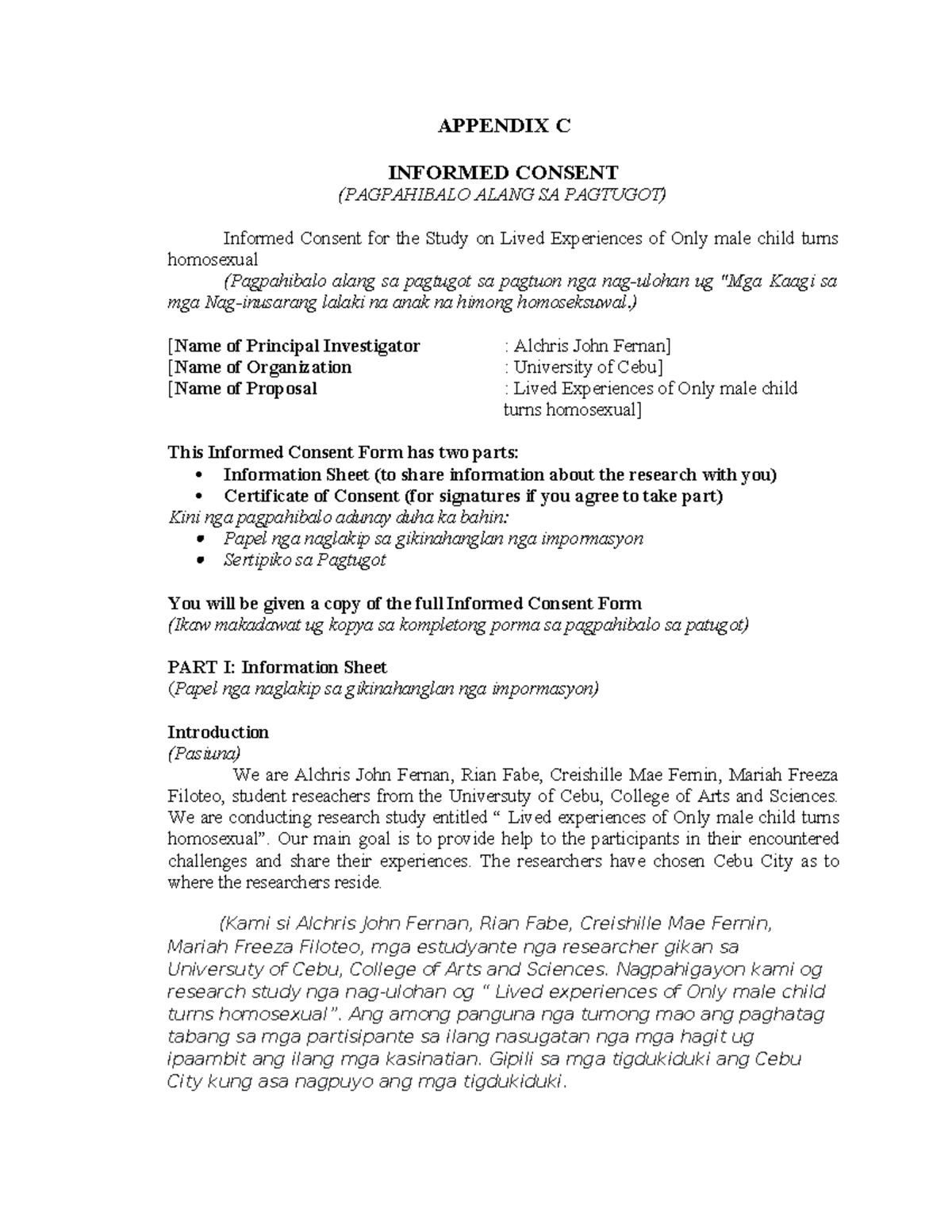 E-3 Appendices - APPENDIX C INFORMED CONSENT (PAGPAHIBALO ALANG SA PAGTUGOT) Informed Consent ...