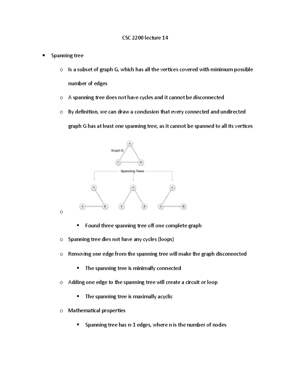 CSC 2200 lecture 14 - CSC 2200 lecture 14 Spanning tree o Is a subset ...