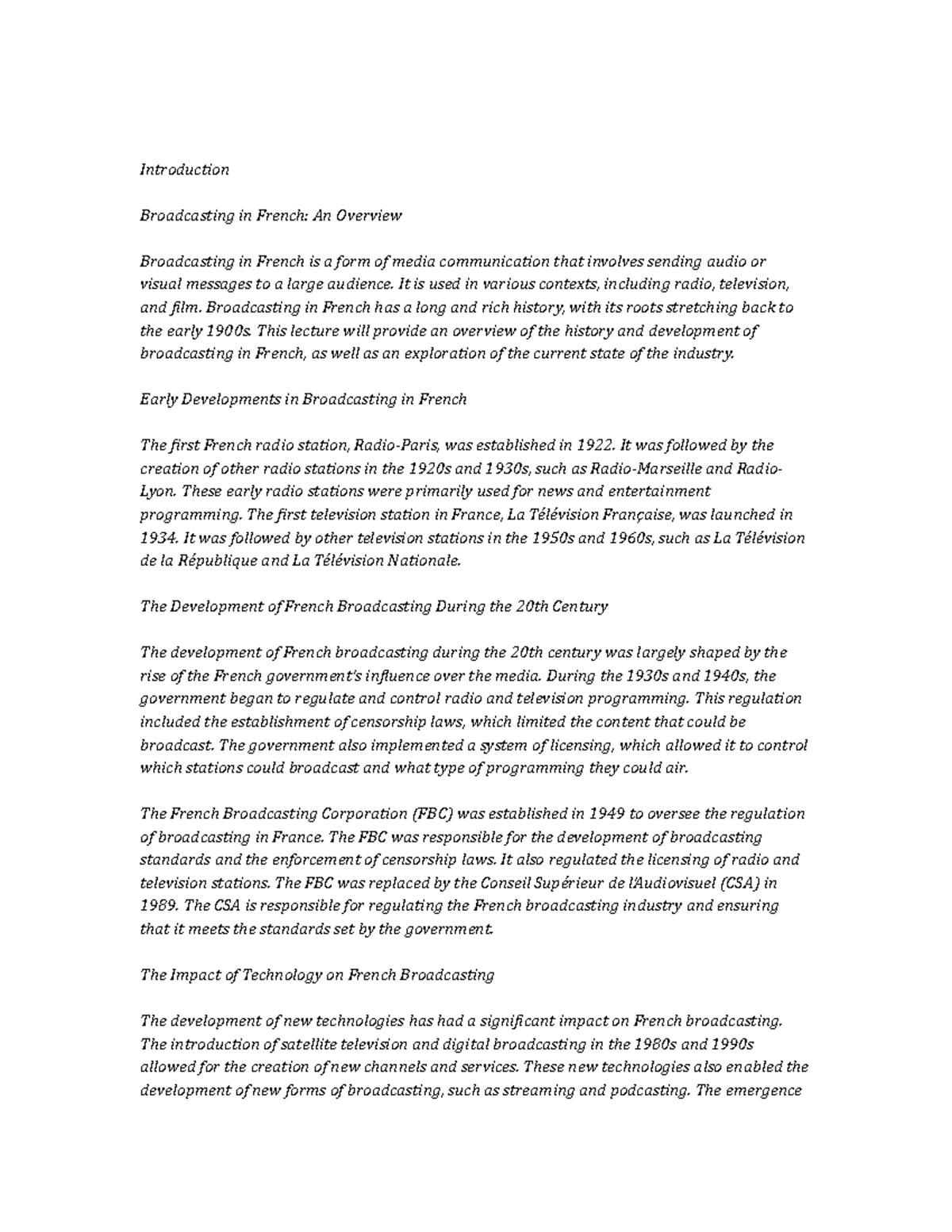 Broadcasting Notes de cours - Introduction Broadcasting in French: An ...