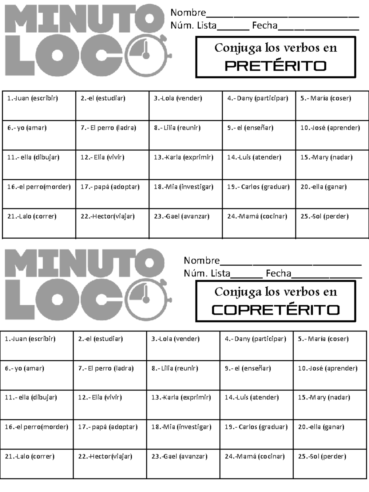 Minuto loco - Material de repaso - Nombre ...