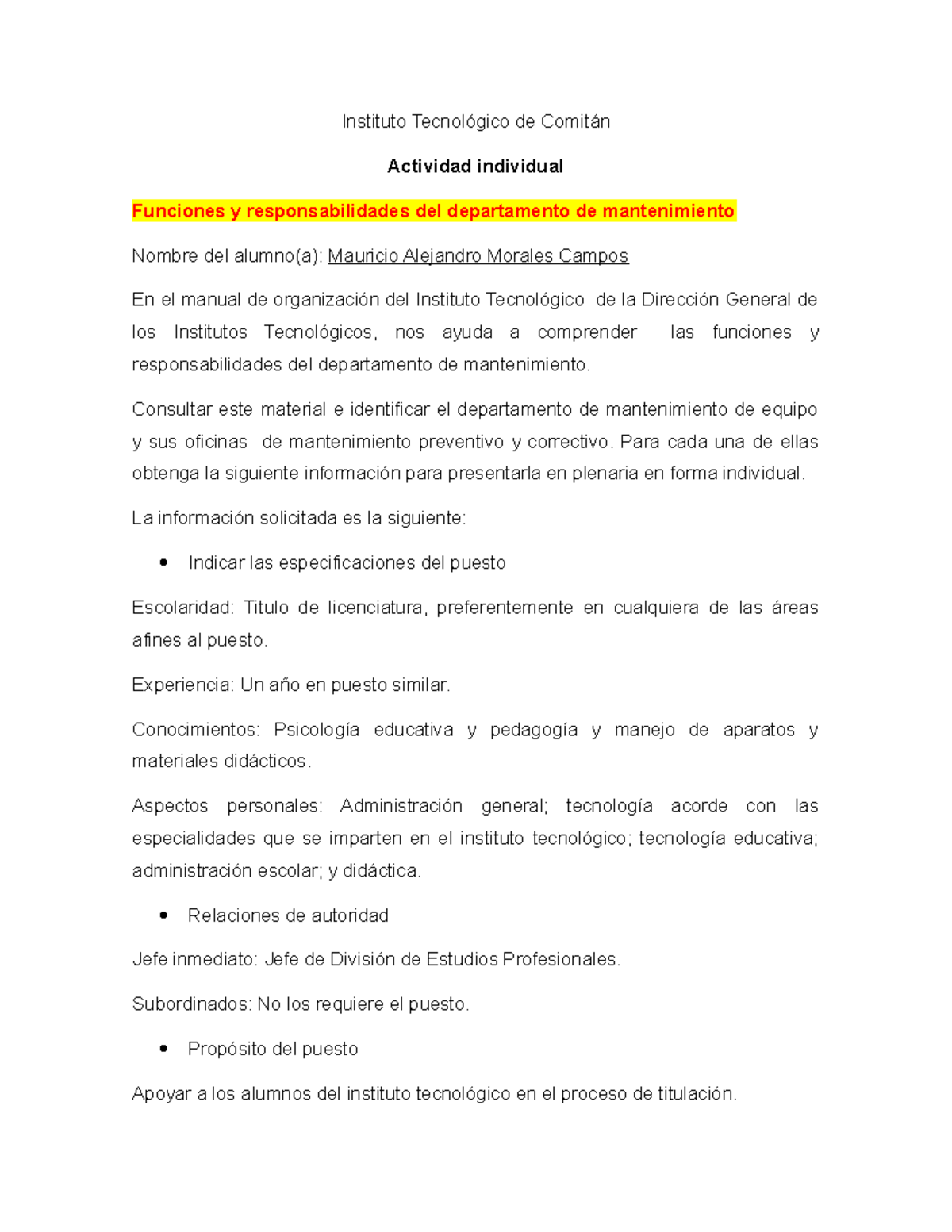 Actividad Funciones Y Responsabilidades DEL Depto DE MTTO - Instituto ...