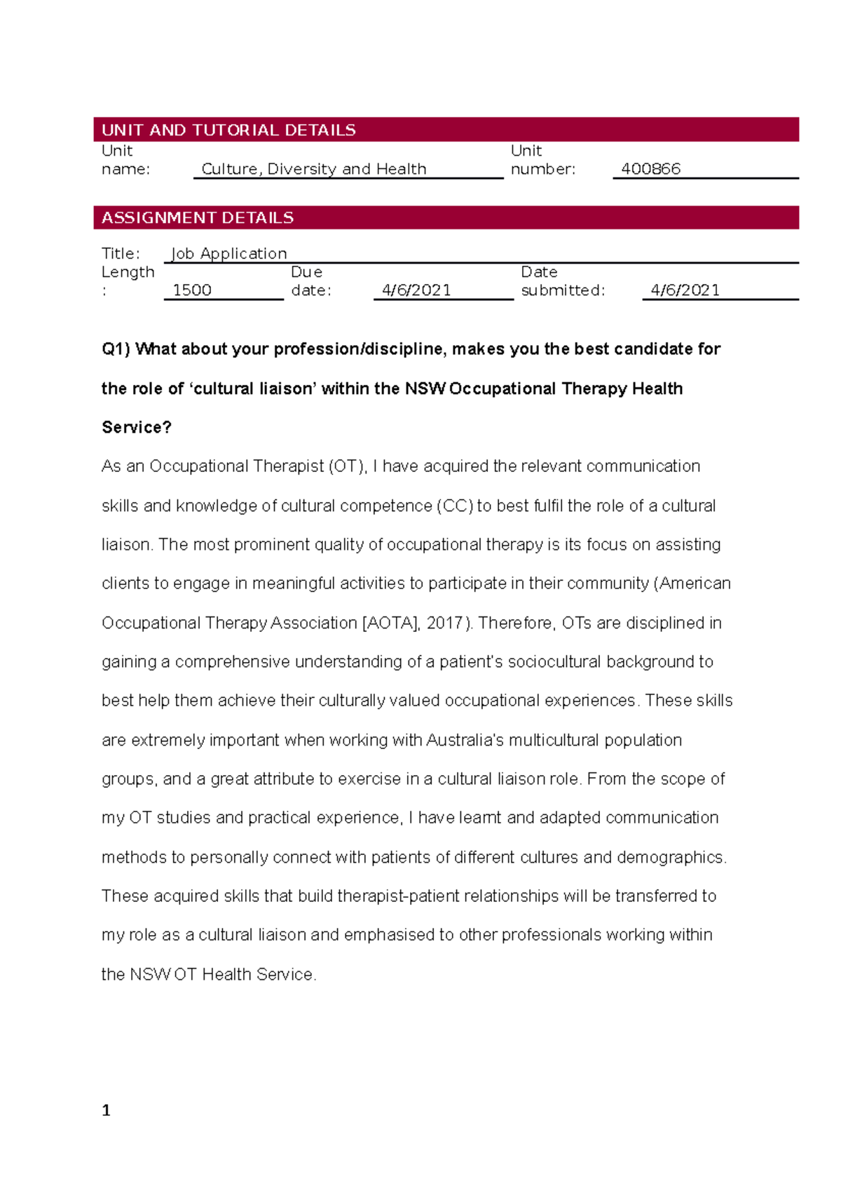 Assignment Job Application - UNIT AND TUTORIAL DETAILS Unit name ...